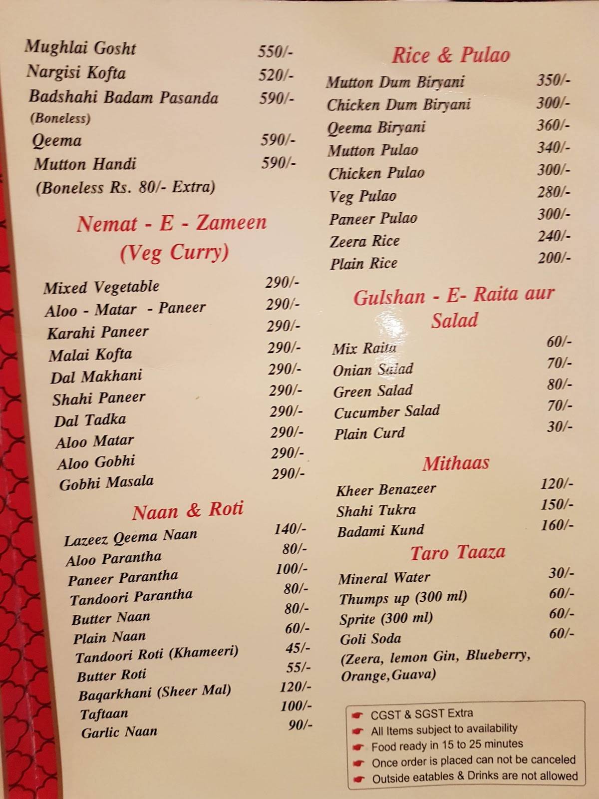 Menu at Karim's - Original from Jama Masjid, Delhi-6. Authentic Mughlai ...
