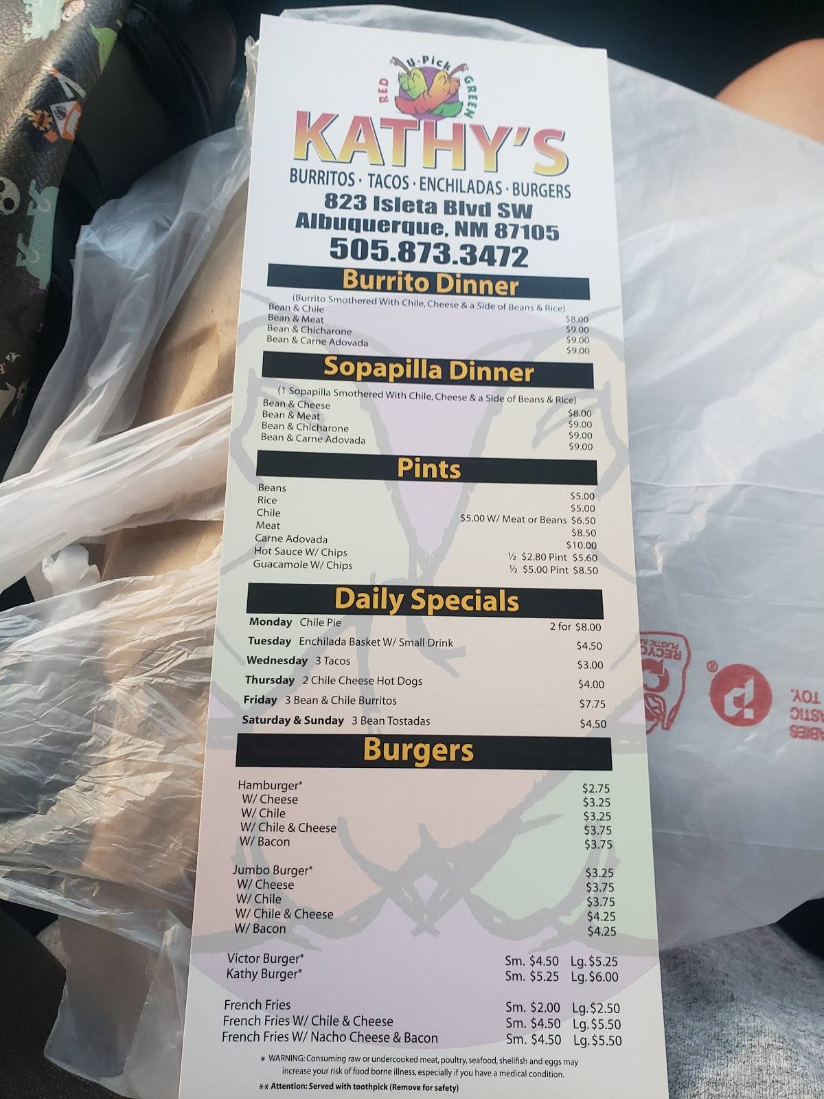 Menu at Kathy's Carry Out restaurant, Albuquerque