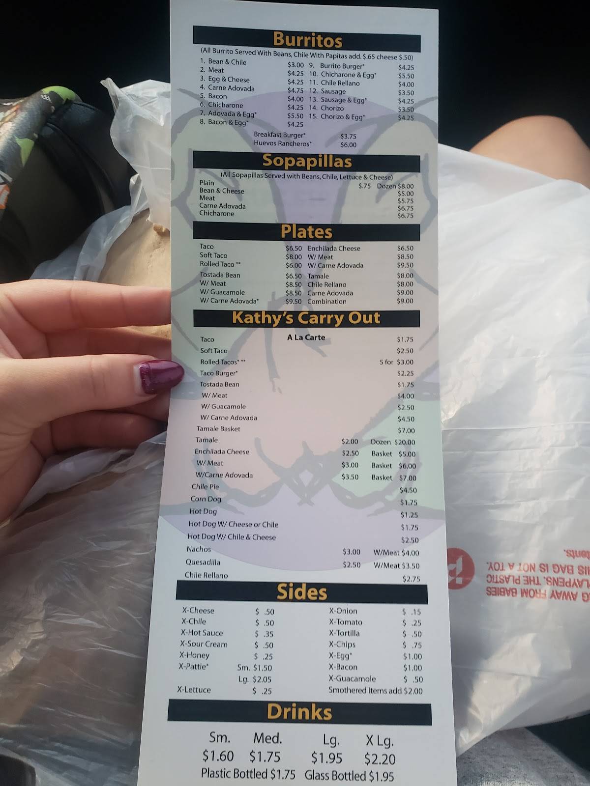 Menu at Kathy's Carry Out restaurant, Albuquerque