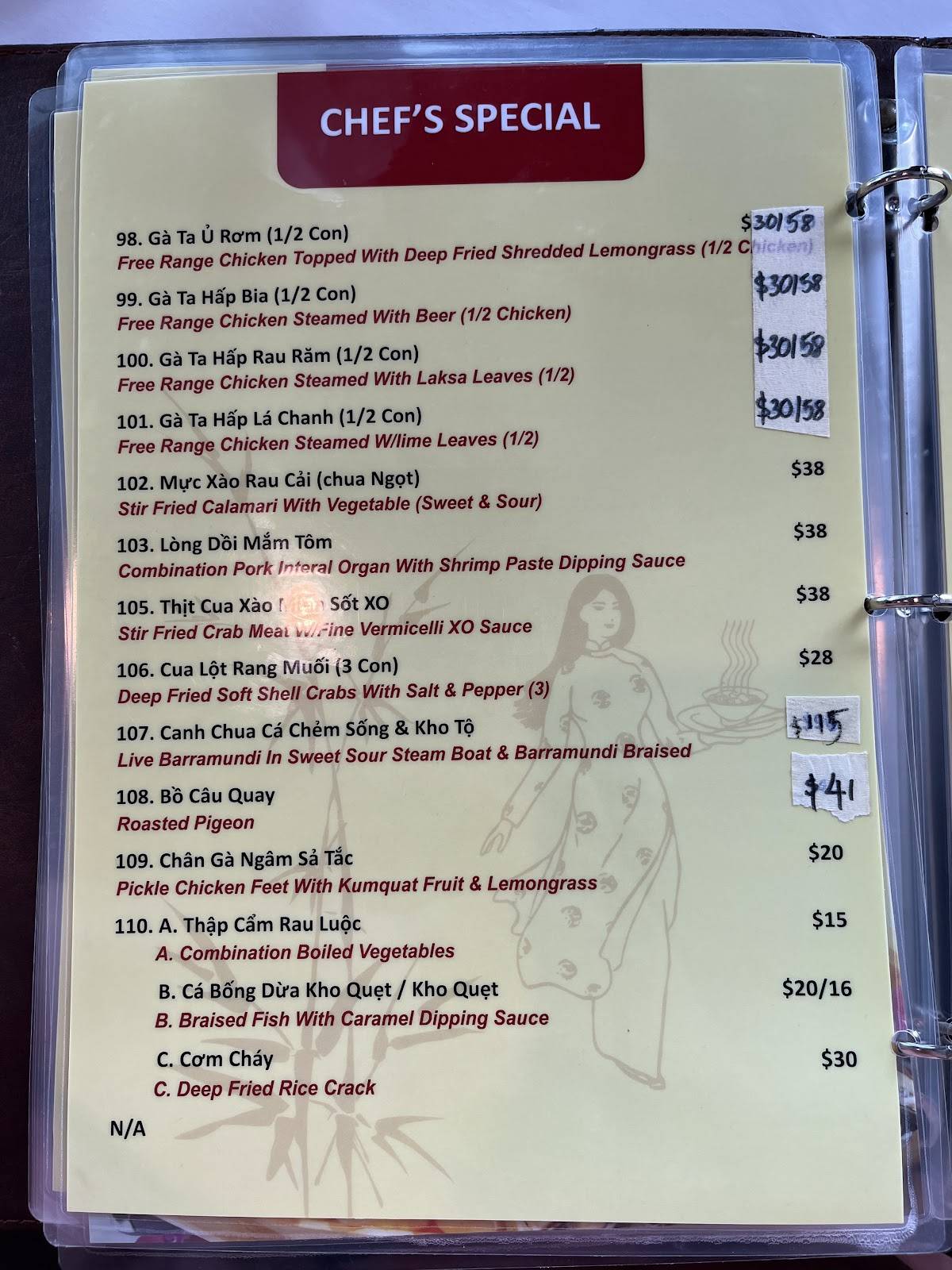 Menu at Kim Huong restaurant, Cairnlea