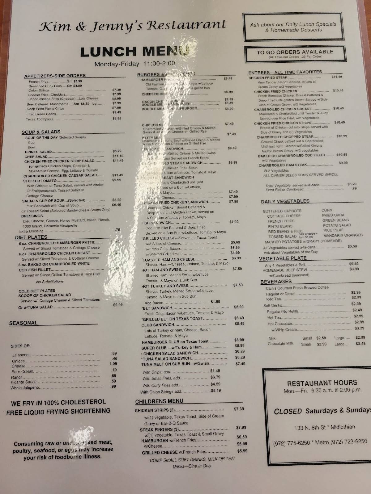 Menu at Kim & Jenny's Restaurant, Midlothian