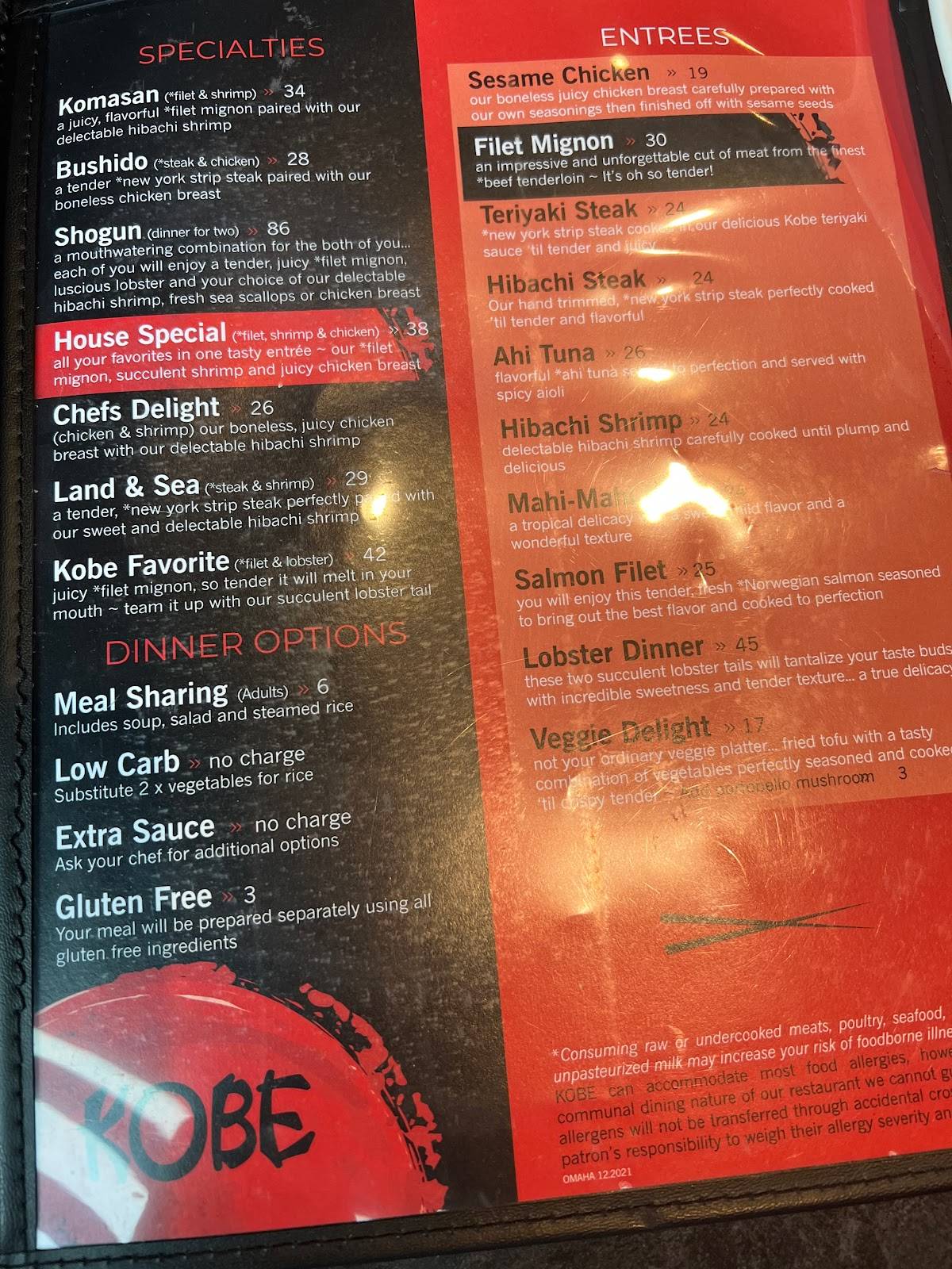 Menu at Kobe Japanese Steakhouse, Lawrence