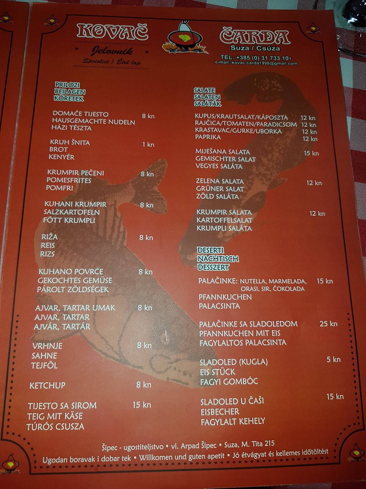 Menu at Kovač Čarda restaurant, Suza, Ul. Maršala Tita 215