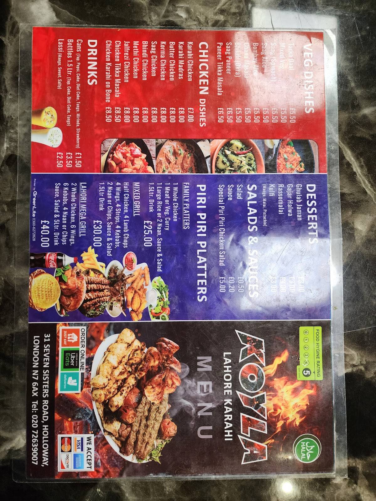 Menu at Koyla Lahore Karahi restaurant, London, 31 Seven Sisters Rd