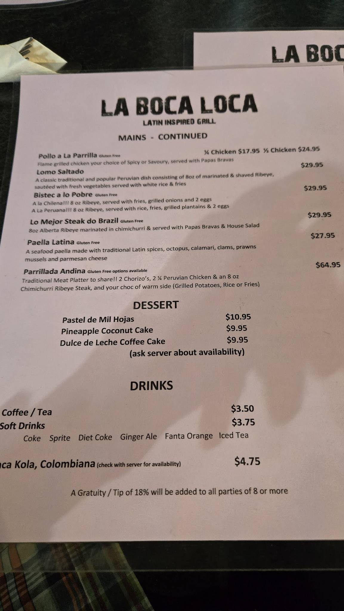Menu at La Boca Loca - Latin Inspired Grill restaurant, Edmonton