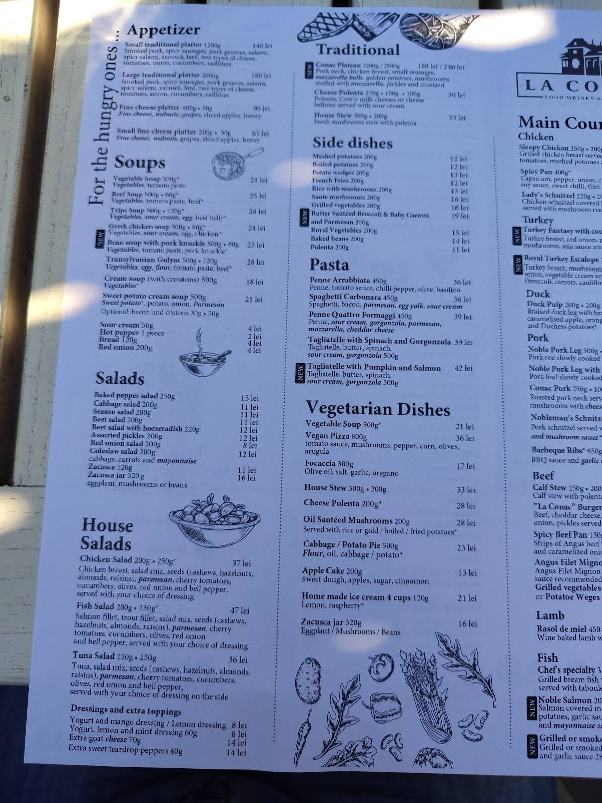 Menu at La Conac, Alba Iulia