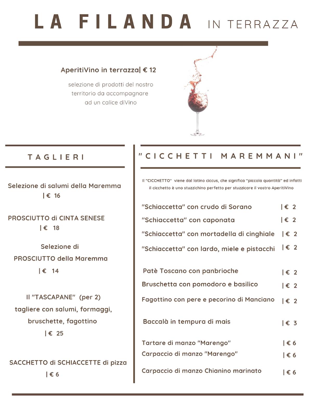 Menu at La Filanda restaurant, Manciano