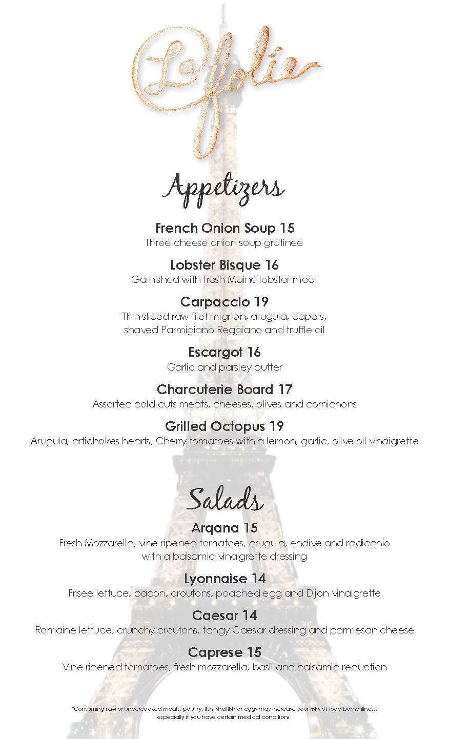Menu at La Folie restaurant, Lexington