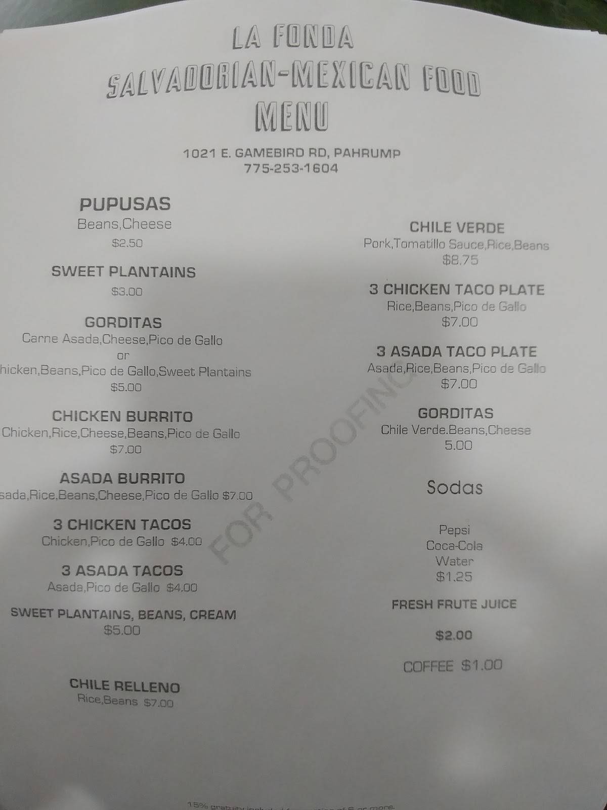Menu at La Fonda mexican restaurant, Pahrump