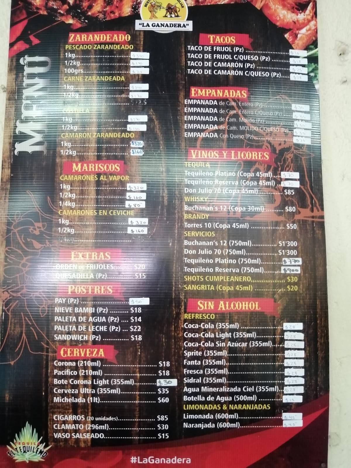 Carta de Restaurant La Ganadera, Tepic, Blvrd Luis Donaldo Colosio 552