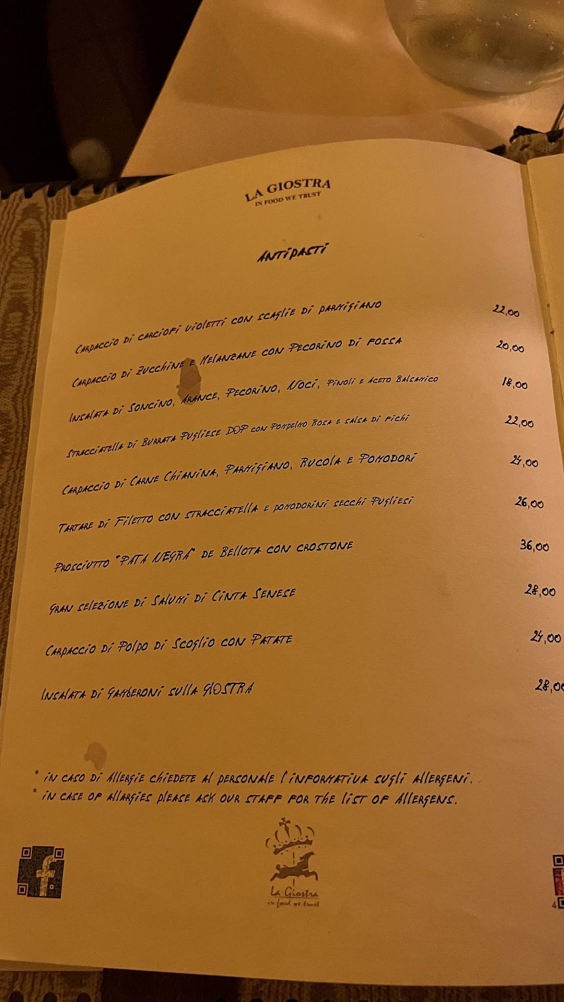 Menu at La Giostra restaurant, Florence, Borgo Pinti