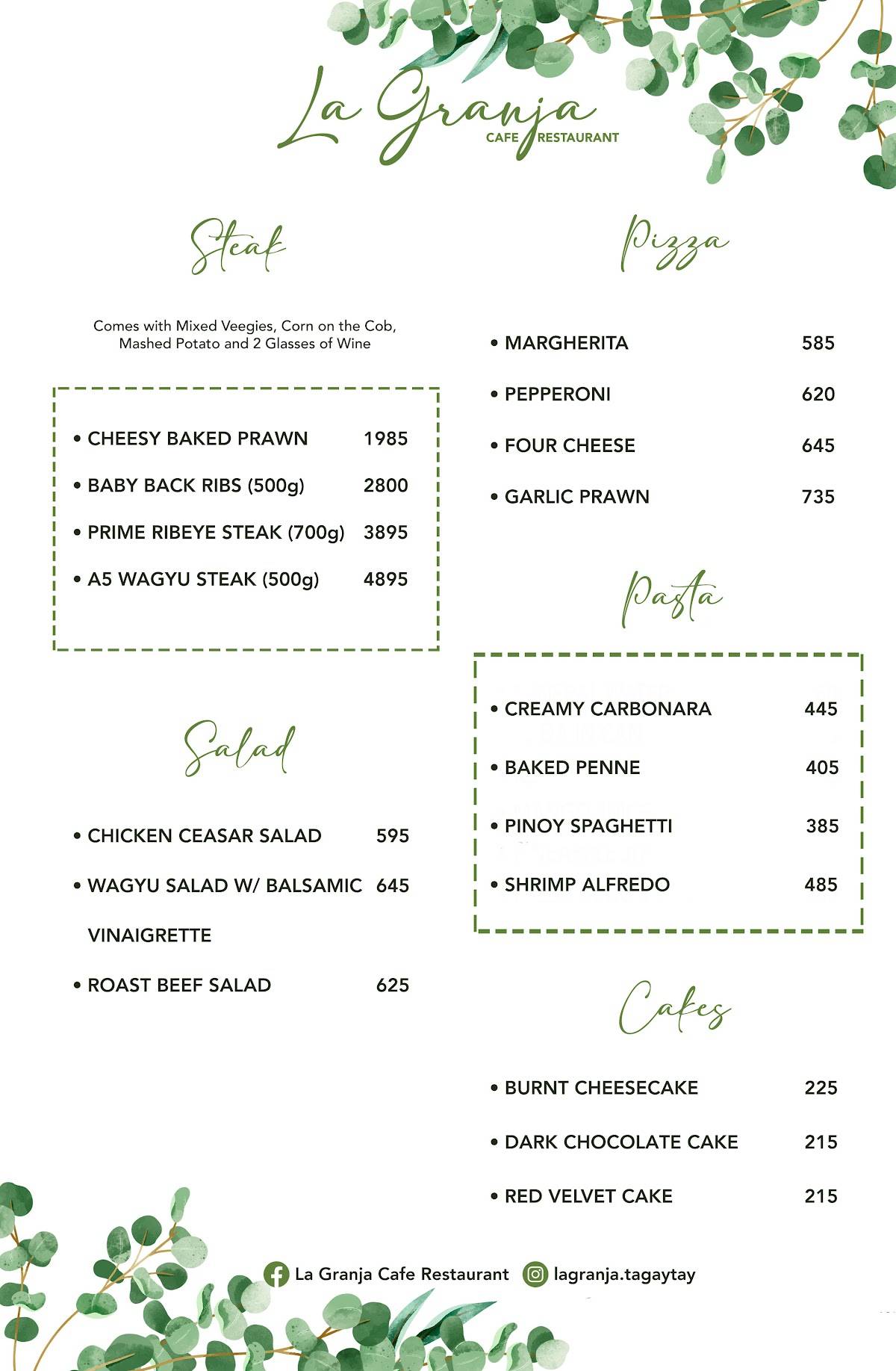 Menu at La Granja Café Restaurant, Tagaytay