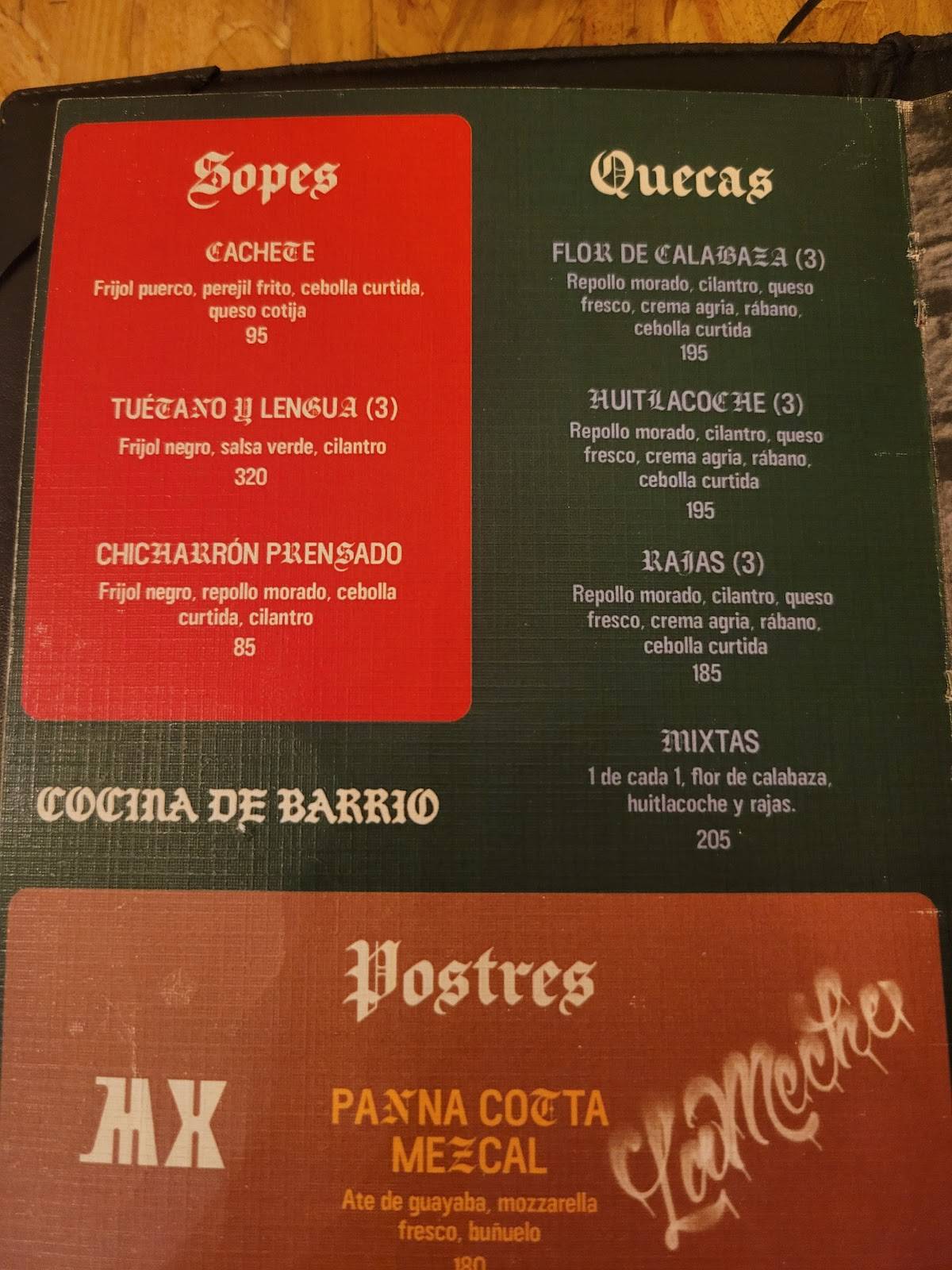 Carta del restaurante La Meche, Mexicali
