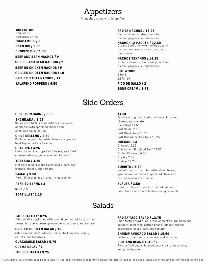 Menu at La Parota Mexican Restaurant, Farmville, S Main St
