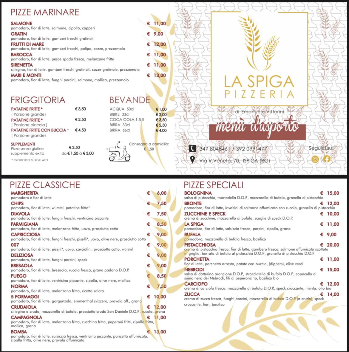 Menu da La Spiga ristorante, Ispica