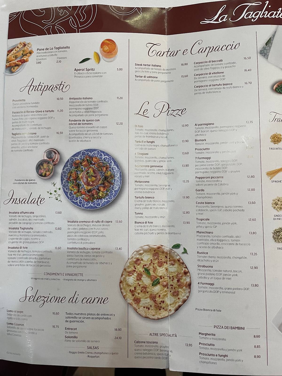 Carta de Restaurant La Tagliatella Andorra, Les Escaldes
