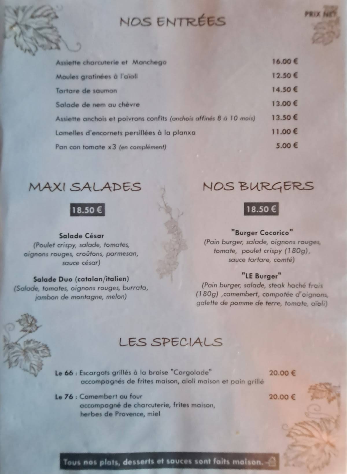 Menu au Le Capuccino restaurant, Perpignan