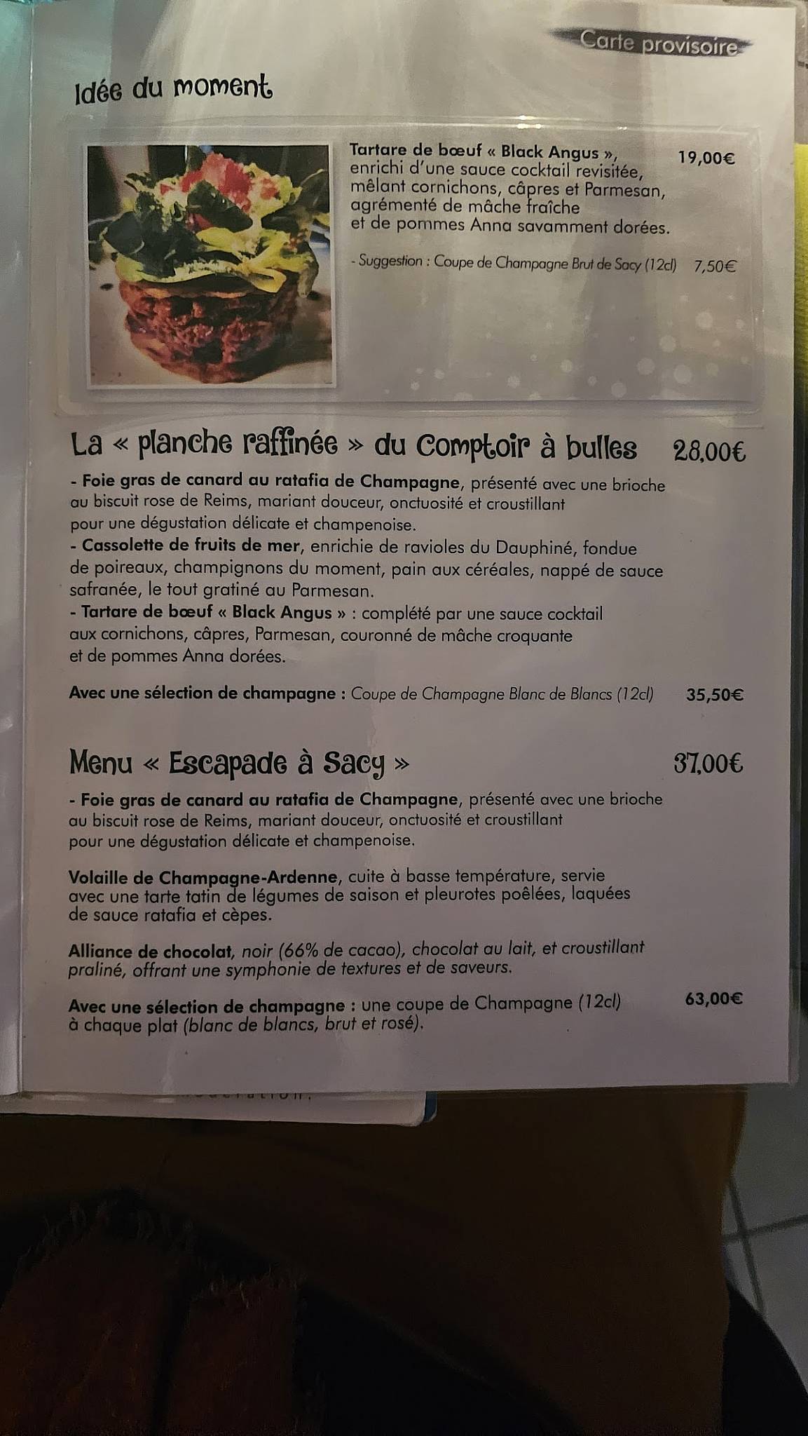 Menu au Le comptoir à Bulles restaurant, Sacy, 6 Pl. Saint-Avertin