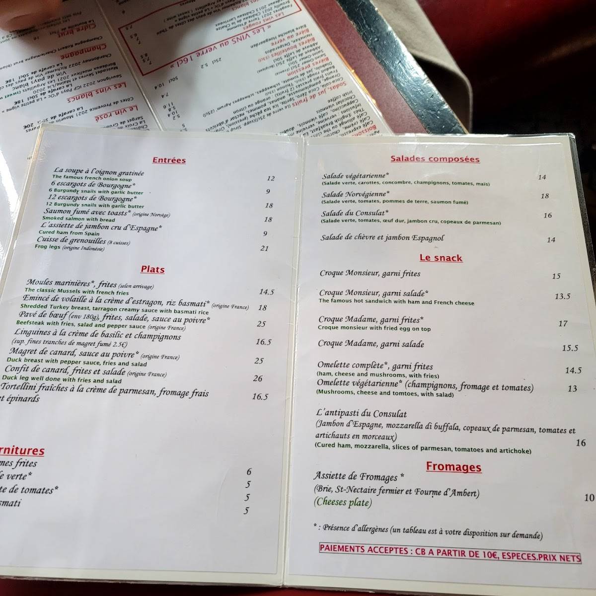 Menu at Le Consulat restaurant, Paris, 18 Rue Norvins