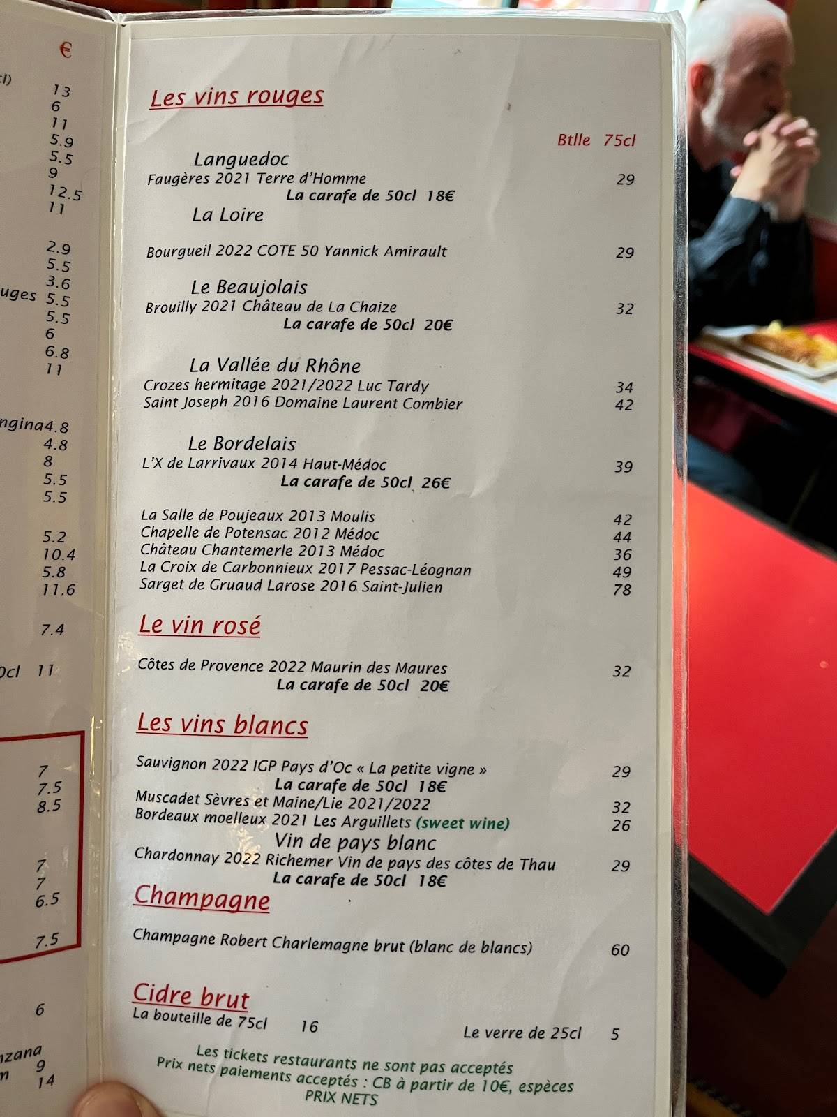 Menu at Le Consulat restaurant, Paris, 18 Rue Norvins