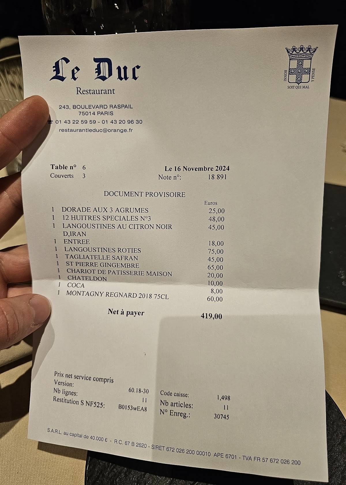 Menu au Le Duc restaurant, Paris, 243 Bd Raspail