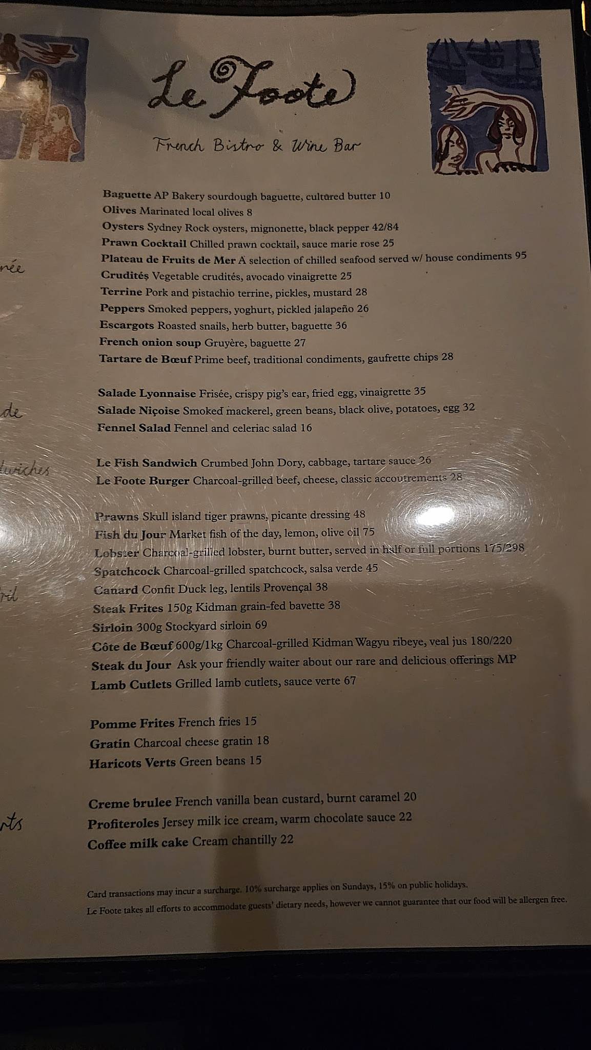 Menu at Le Foote restaurant, The Rocks