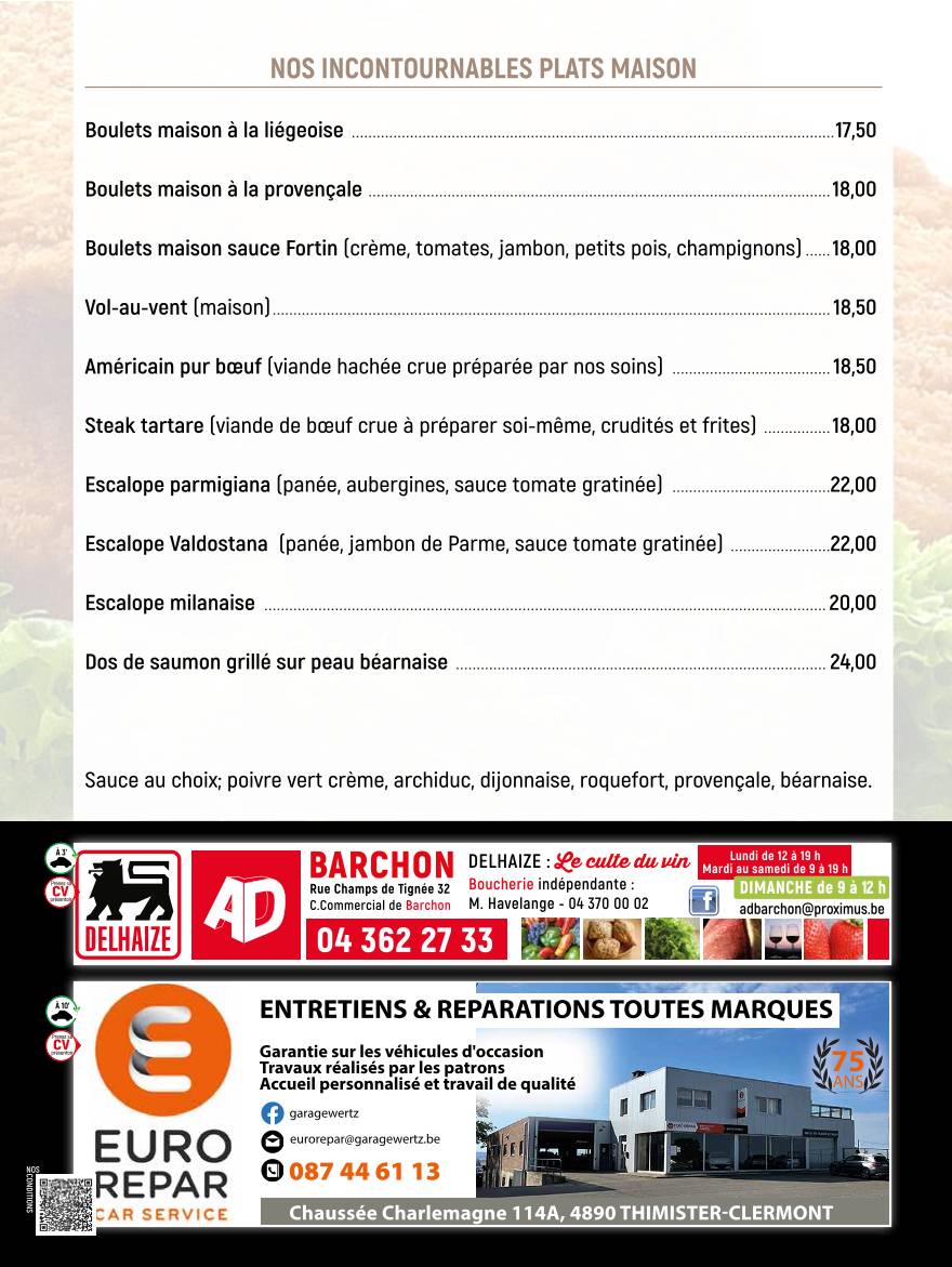 Menu au Le Fortin, Blegny, Rue Lieutenant Jungling 7