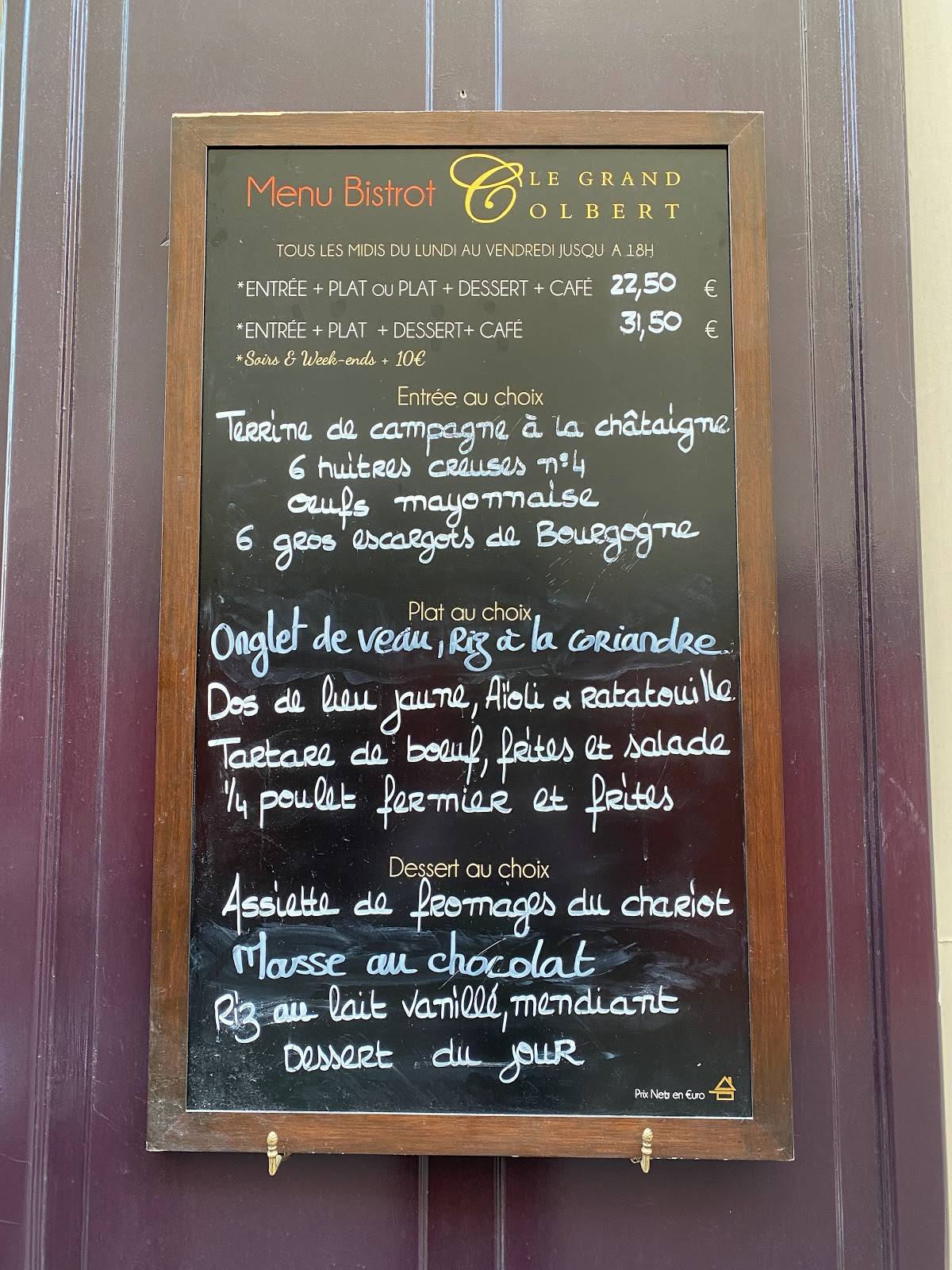 Menu at Le Grand Colbert restaurant, Paris, 2 Rue Vivienne