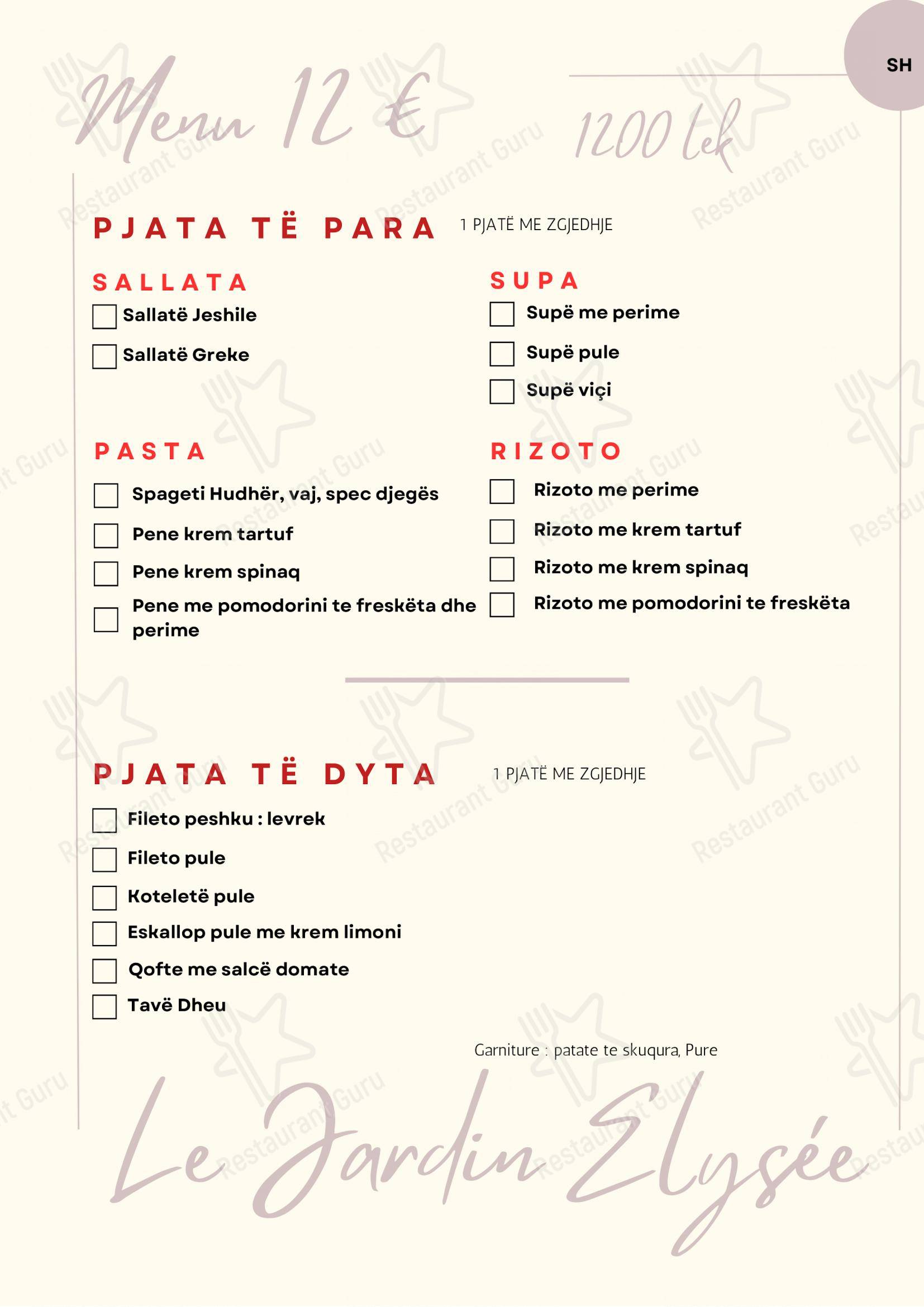 Carta de Restaurant Le Jardin Elysée, Tirana
