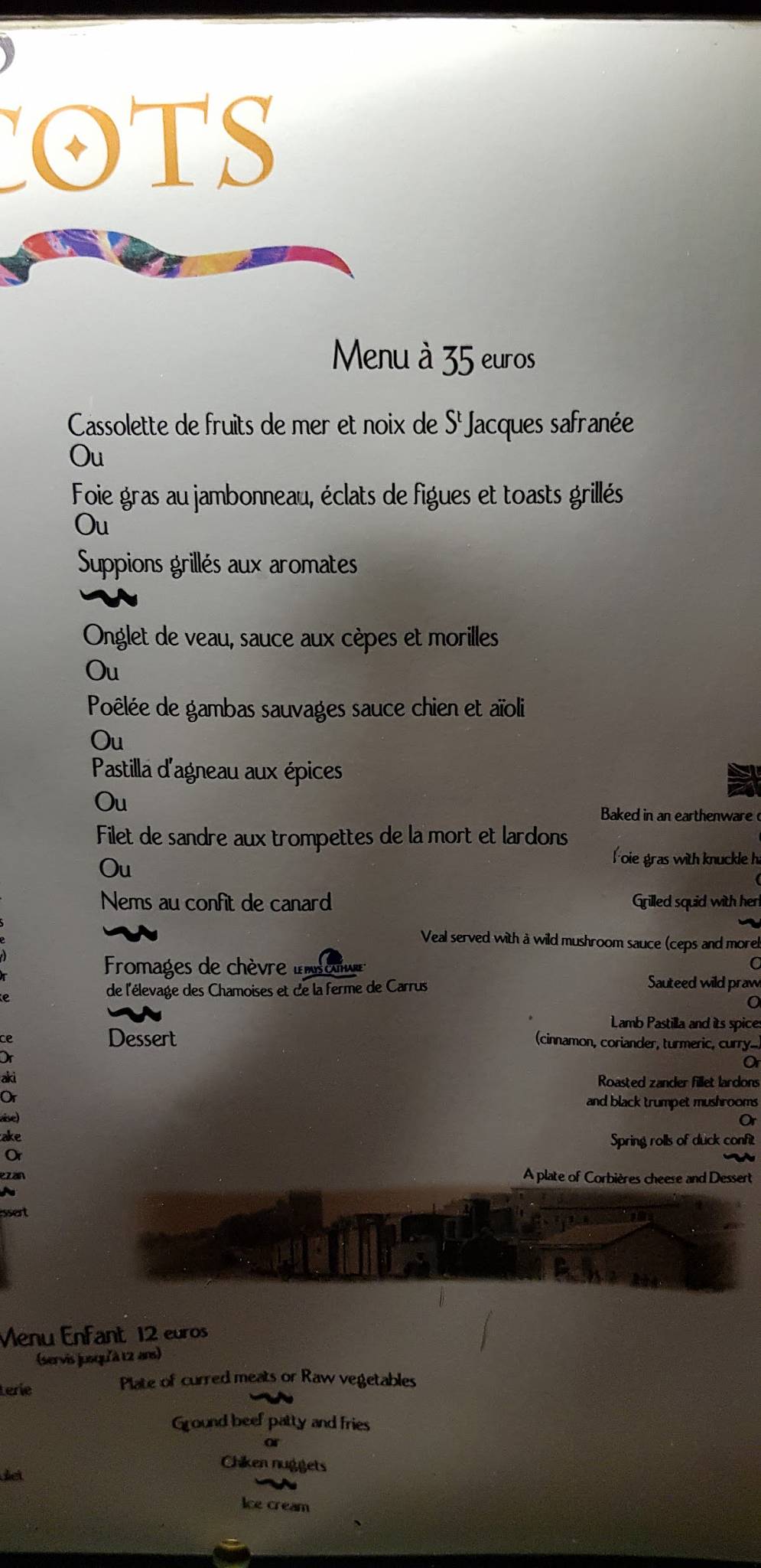 Menu au Les Calicots restaurant, Fabrezan