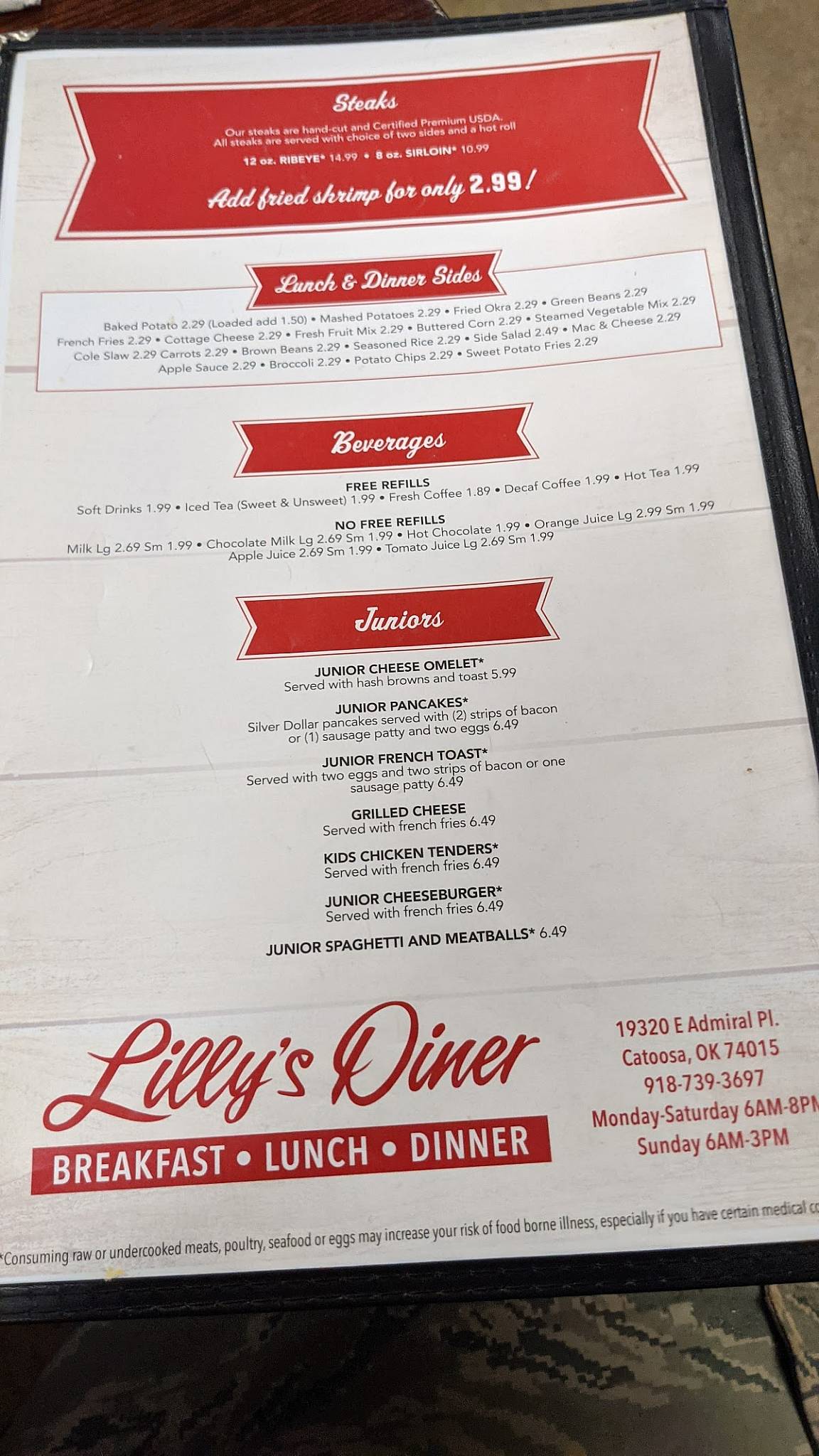 Menu at Lilly's Diner restaurant, Tulsa