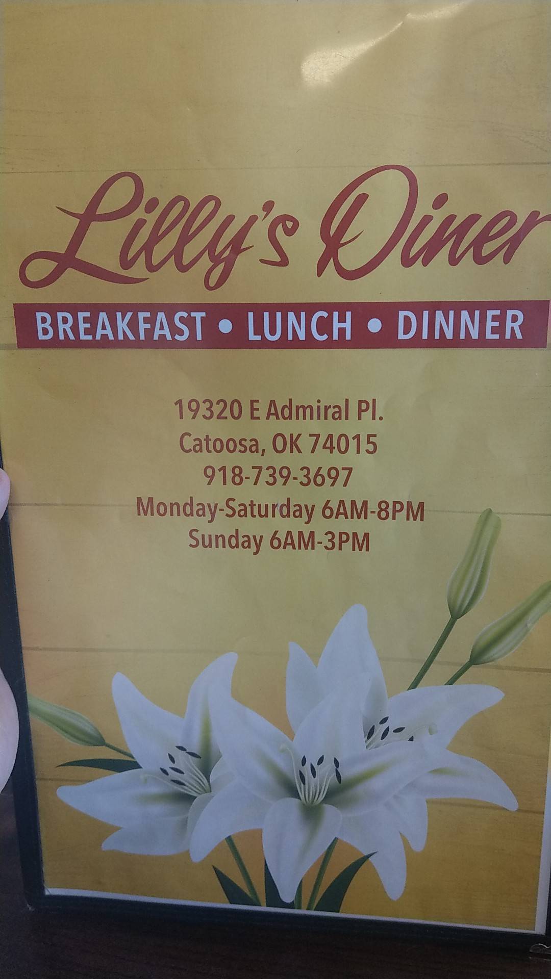 Menu at Lilly's Diner restaurant, Tulsa