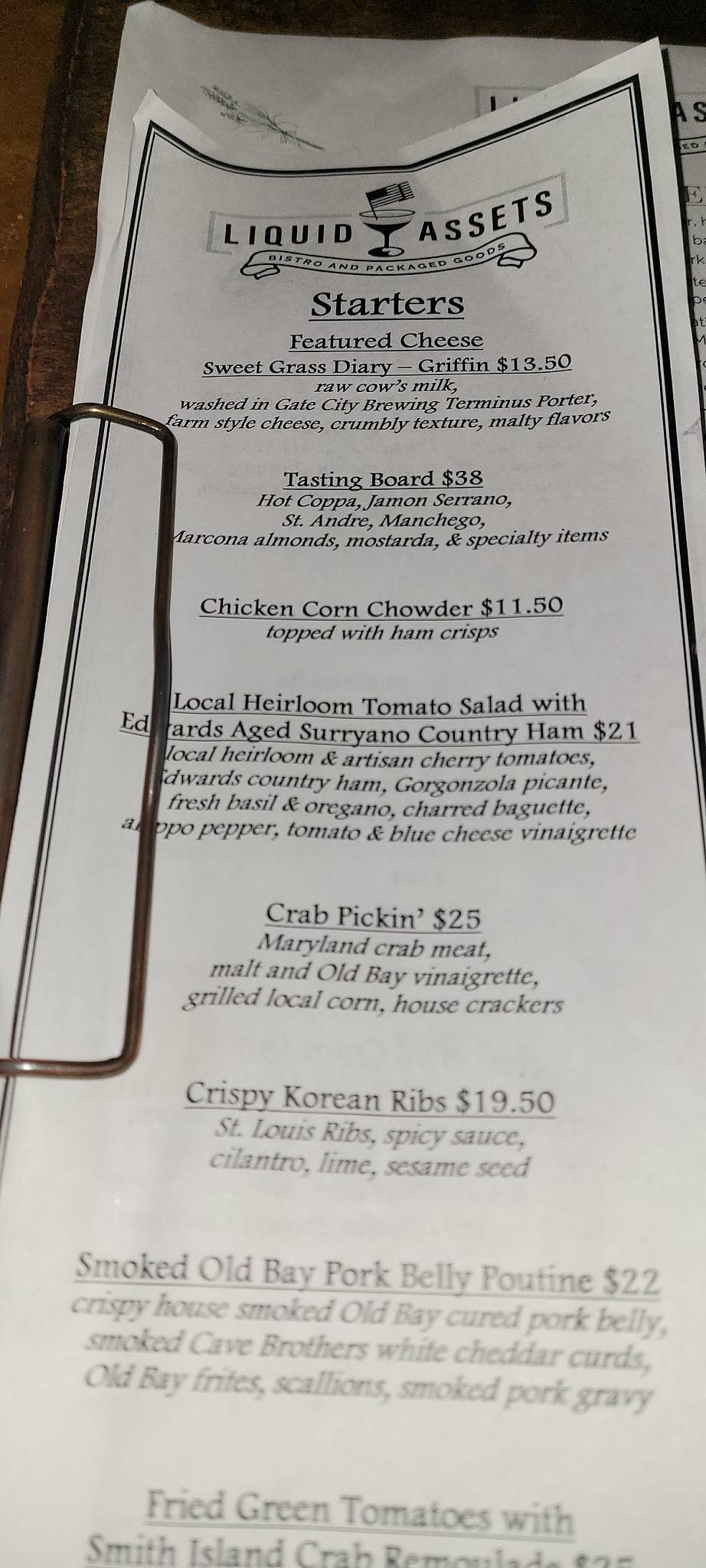 Menu at Liquid Assets restaurant, Ocean City, Coastal Hwy