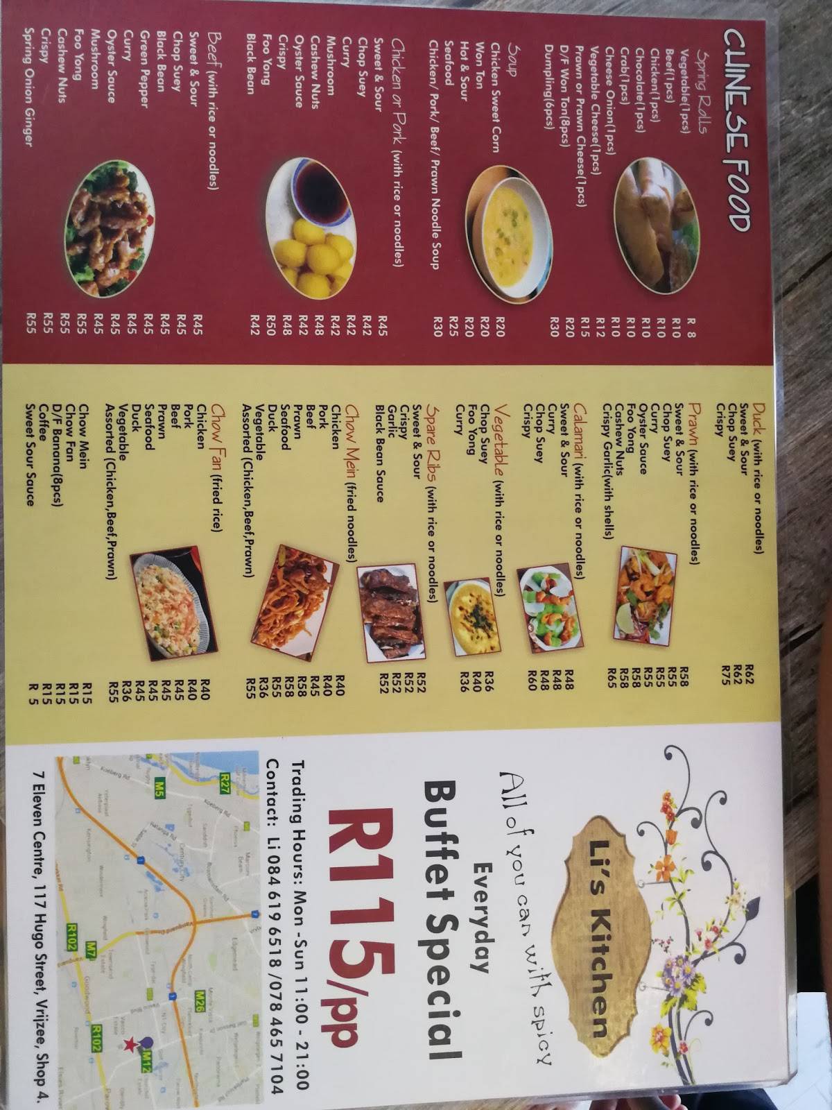Menu at Li's Kitchen restaurant, Cape Town