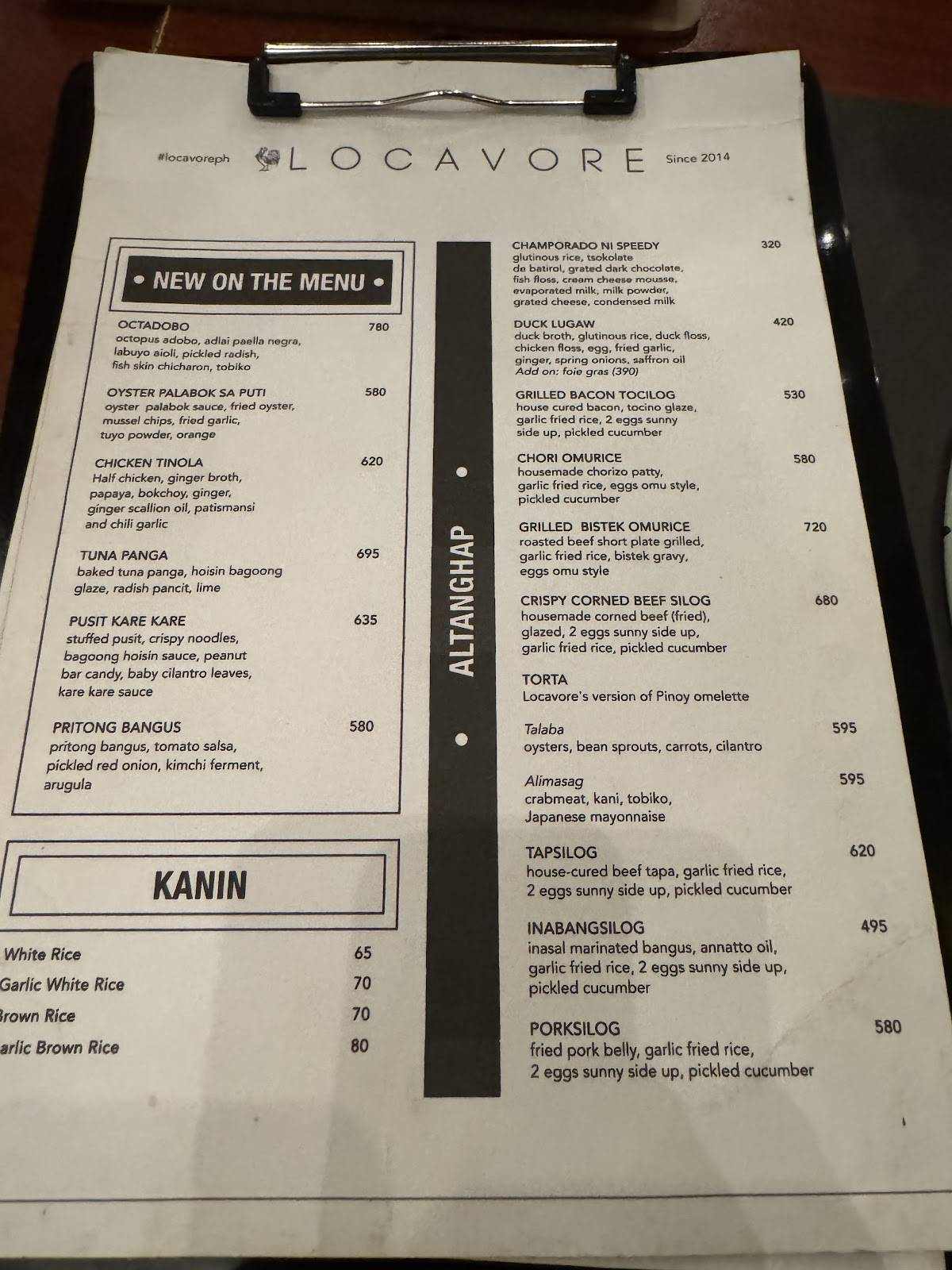 Menu at Locavore Eastwood restaurant, Quezon City