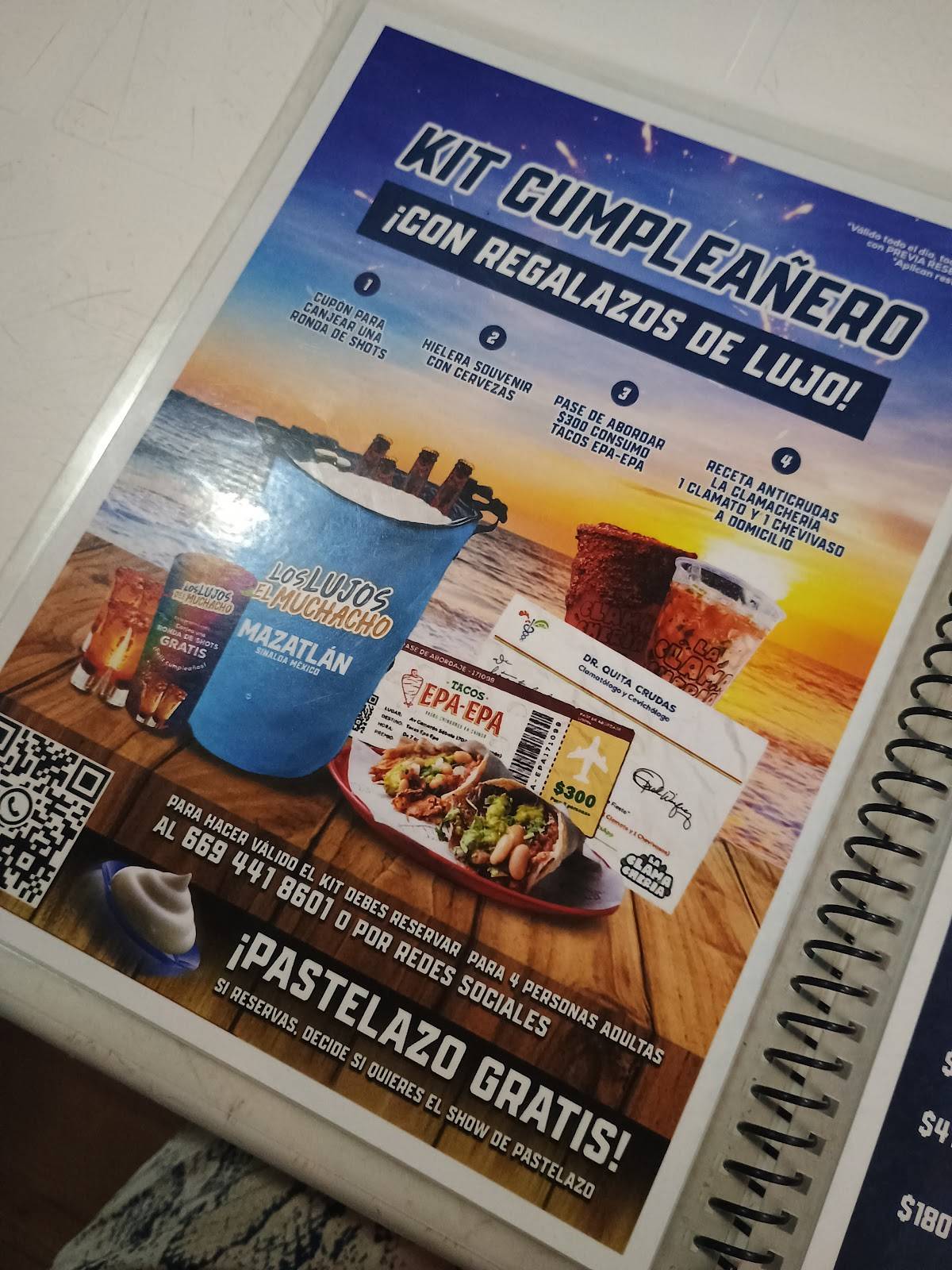 Carta del restaurante Los Lujos del Muchacho, Mazatlán, Av del Mar 900A