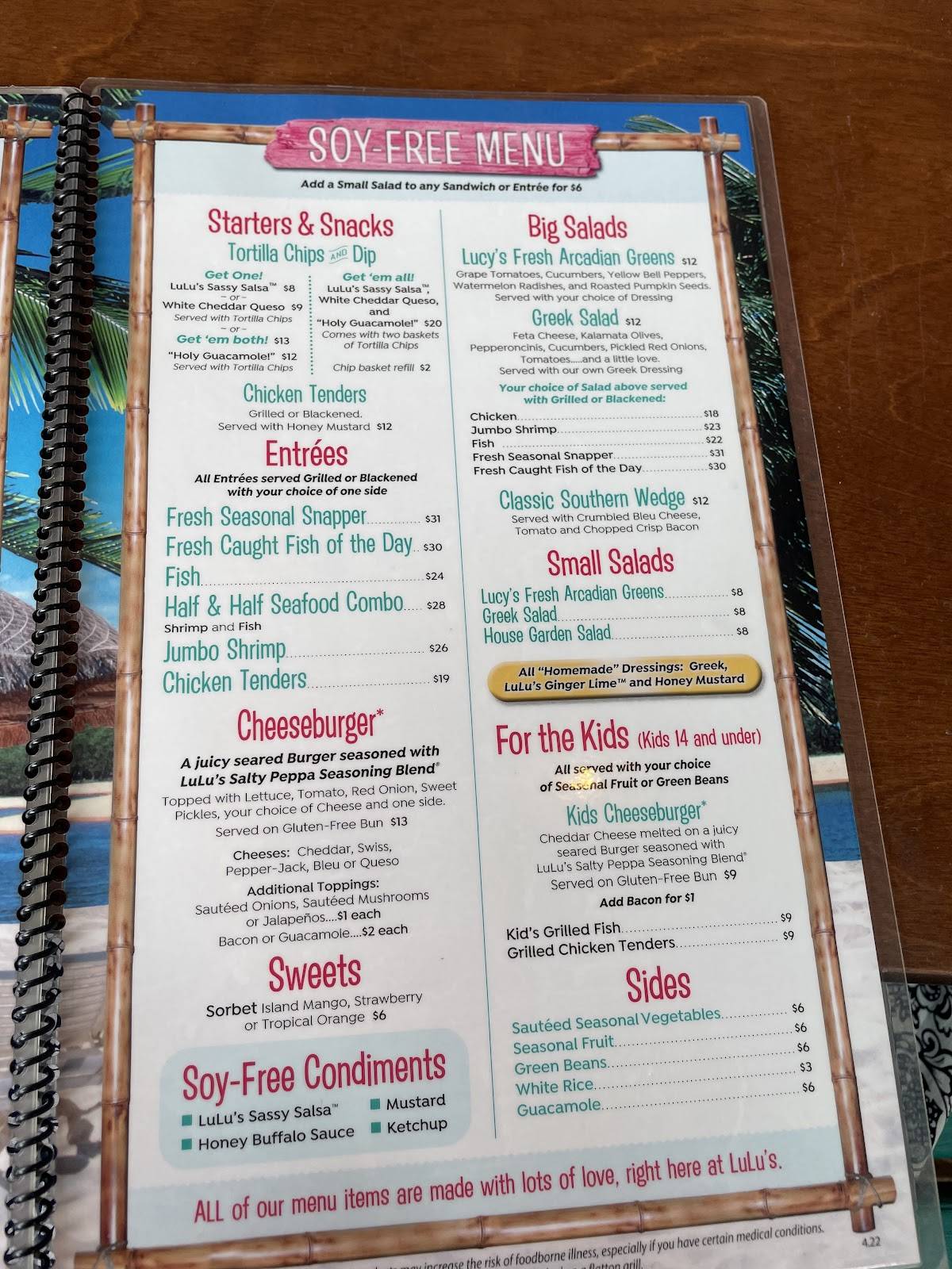 Menu at Lulu's Gulf Shores restaurant, Gulf Shores