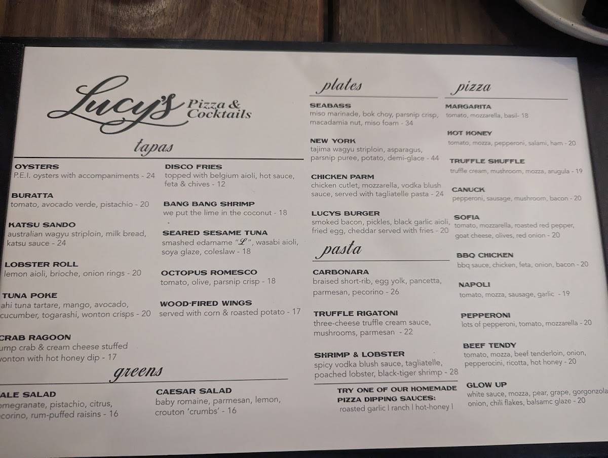 Menu at Lucy's Pizza & Cocktails restaurant, London