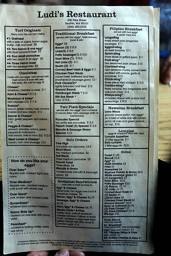 Menu at Ludi's restaurant, Seattle