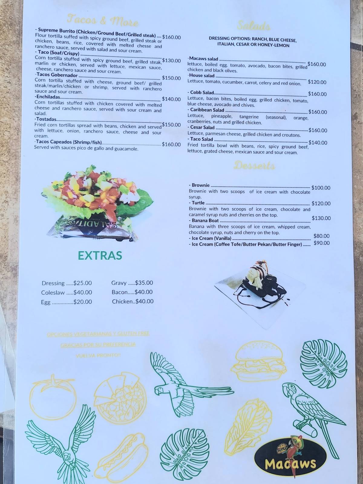 Menu at Macaws Bar & Bistro, Mazatlán