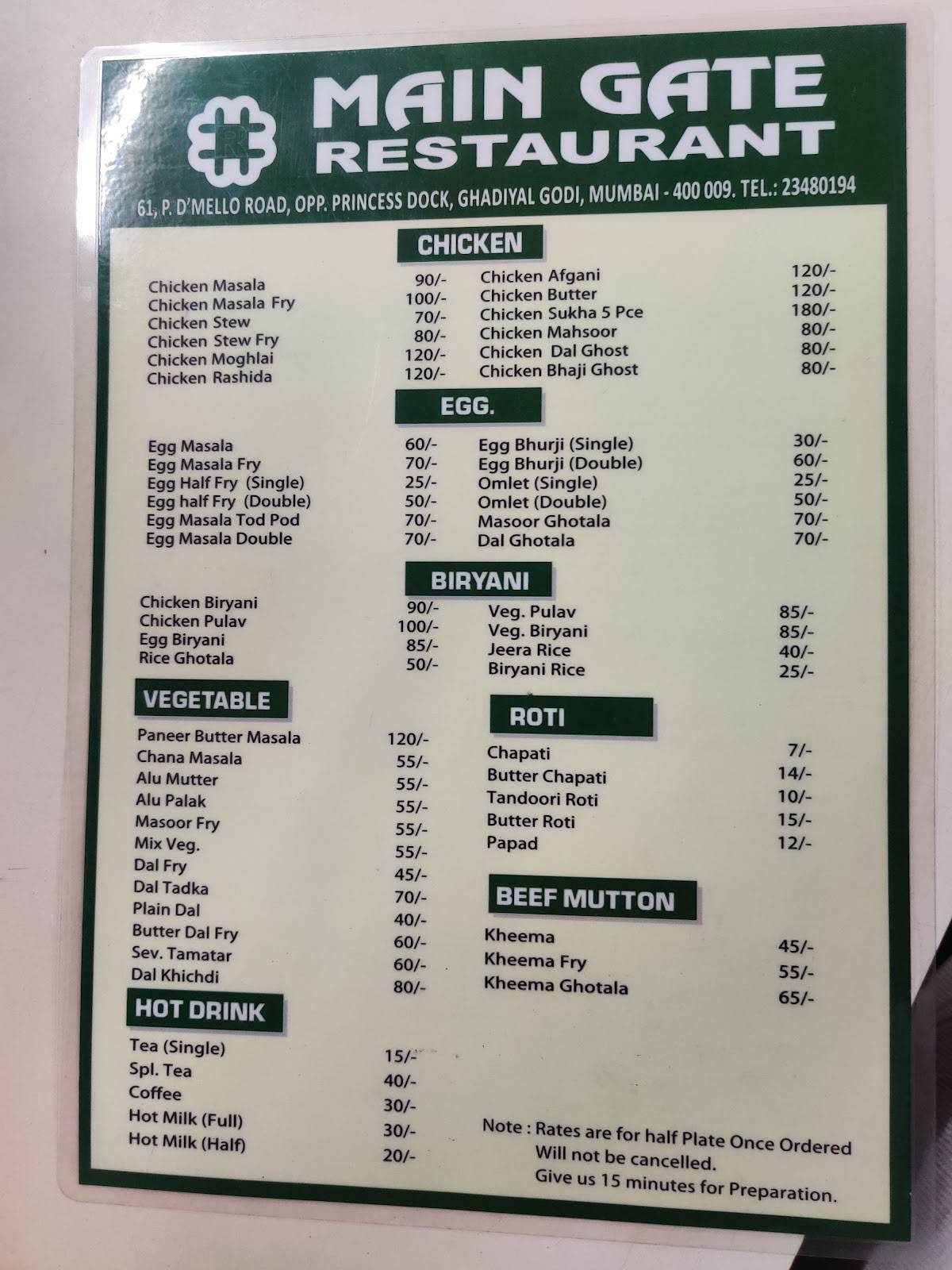 Menu at Main Gate Hotel, Mumbai