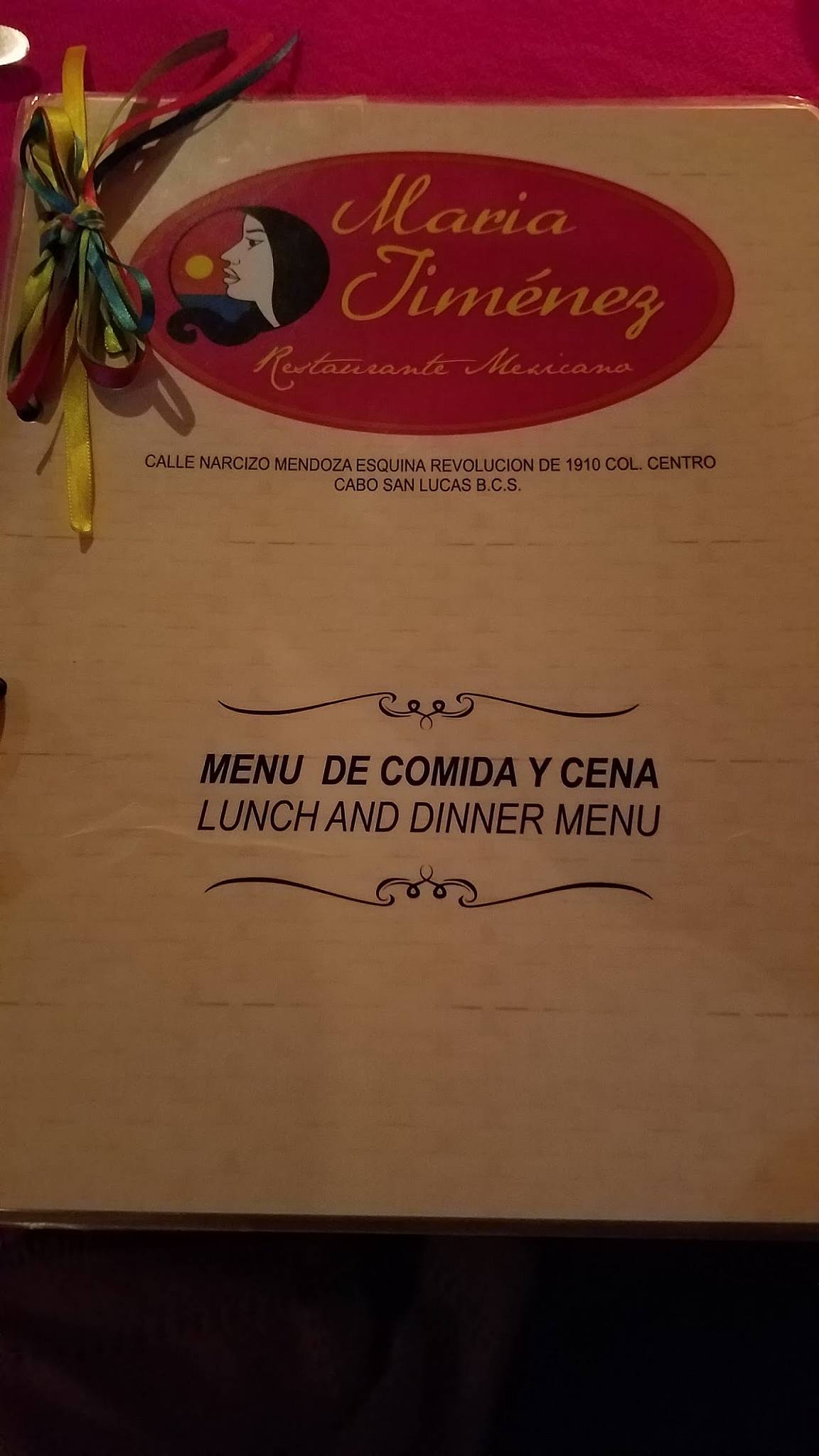 Menu at Maria Jimenez Restaurante Mexicano, Cabo San Lucas