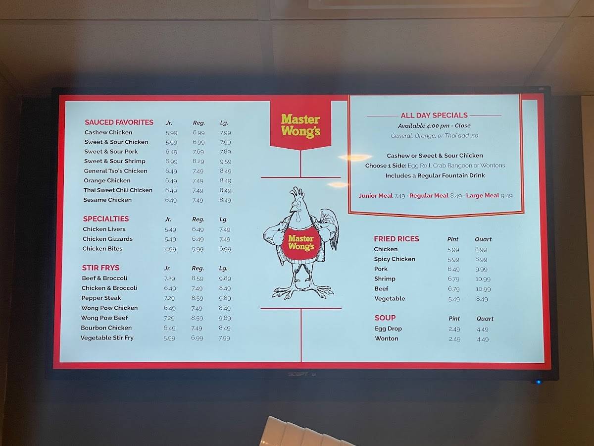 Menu at Master Wong's restaurant, Bolivar