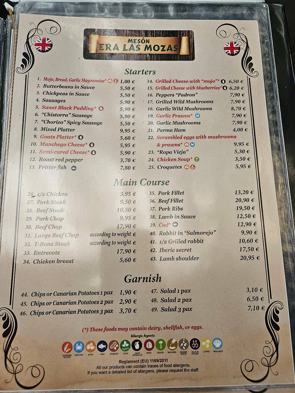 Carta del restaurante Mesón Era Las Mozas, Valle del San Lorenzo