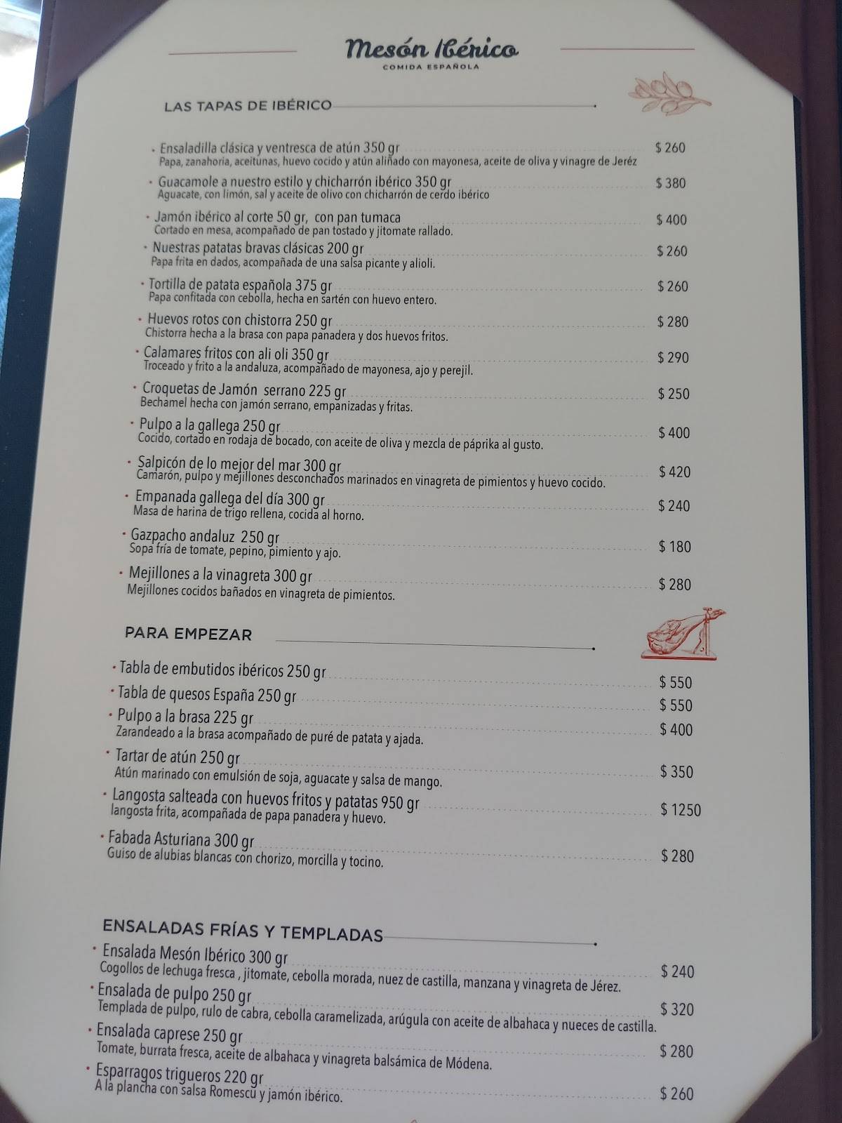 Menu at Mesón Ibérico restaurant, Puerto Vallarta