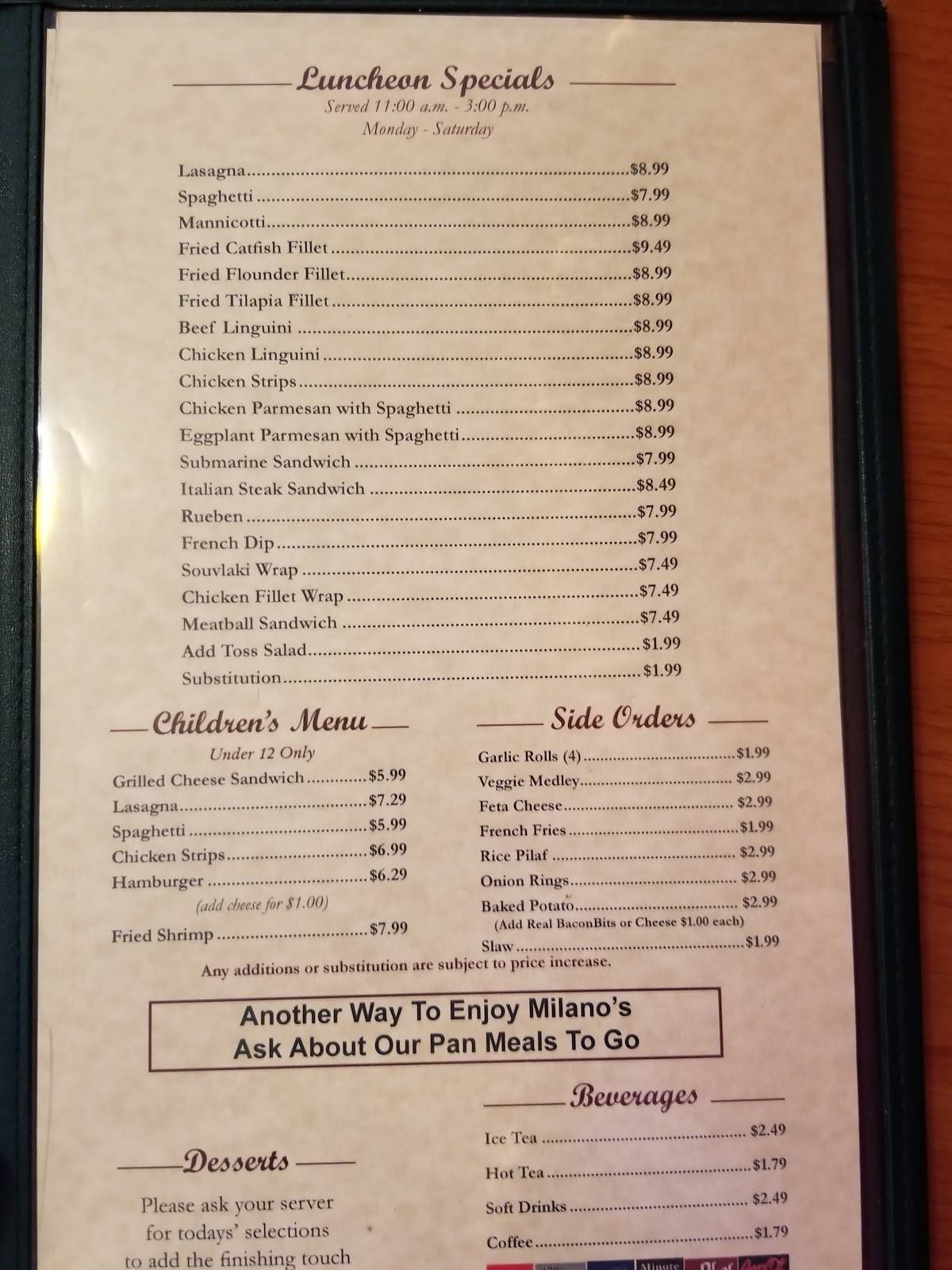 Menu at Milano's Italian Grille restaurant, Valley