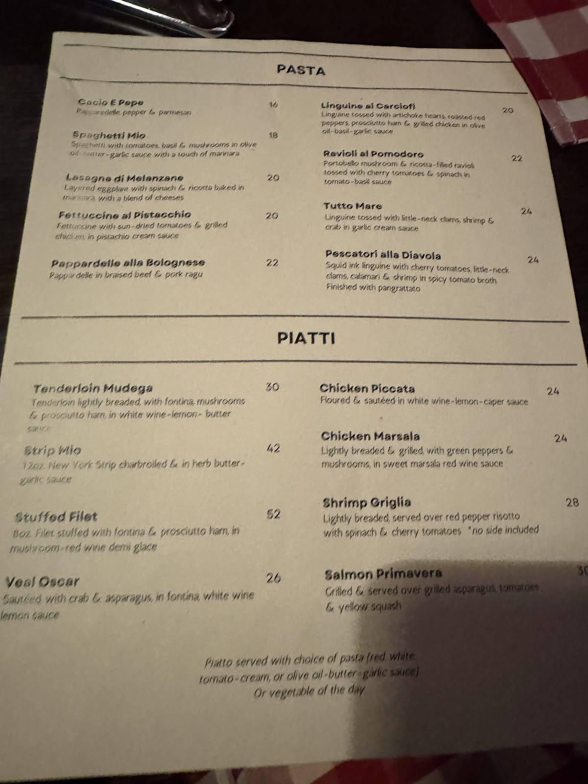 Menu at Mio Osteria restaurant, Edwardsville