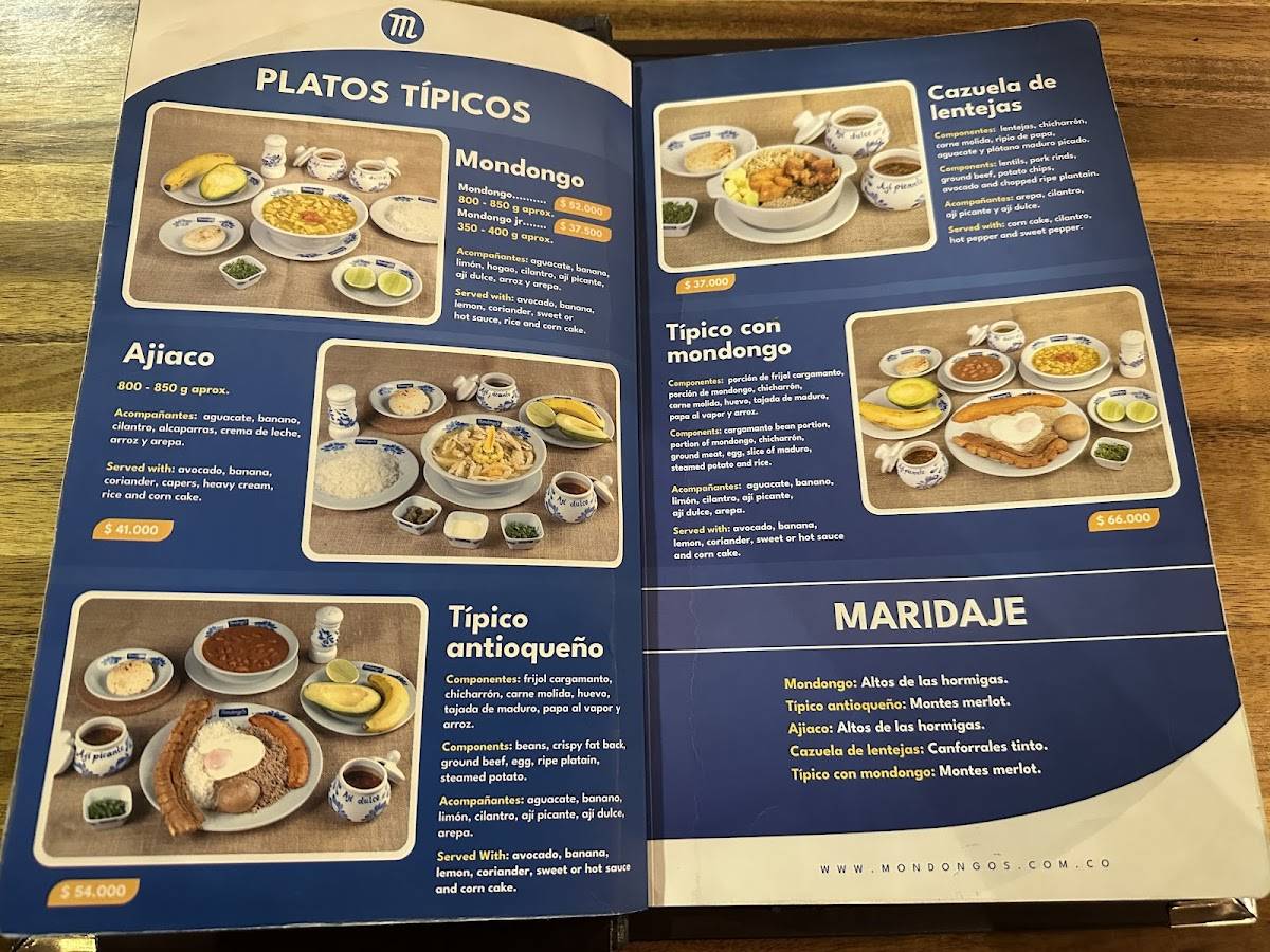 Menu at Restaurante Mondongo's El Poblado, Medellín, Cl 10 #38-38