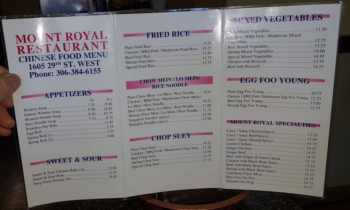 Menu at Mount Royal Restaurant, Saskatoon