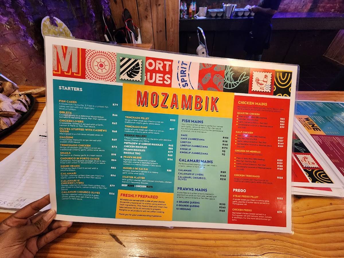 Menu at Mozambik Groenkloof restaurant, Pretoria